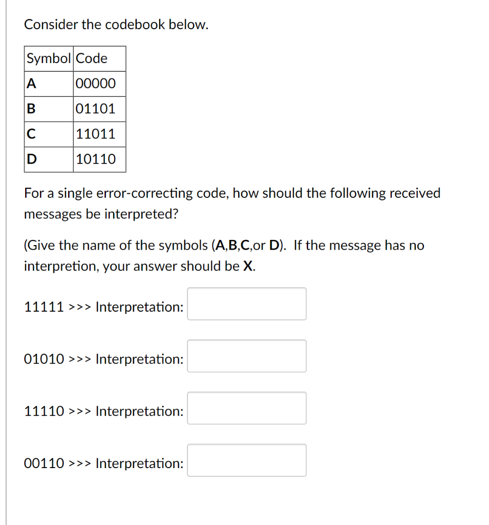 Solved Consider the codebook below. Symbol Code A 00000 B | Chegg.com