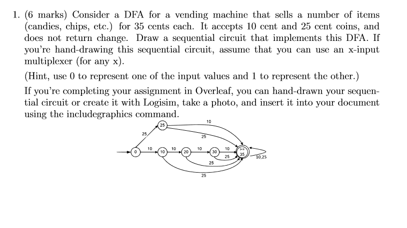 Solved 1. (6 marks) Consider a DFA for a vending machine | Chegg.com