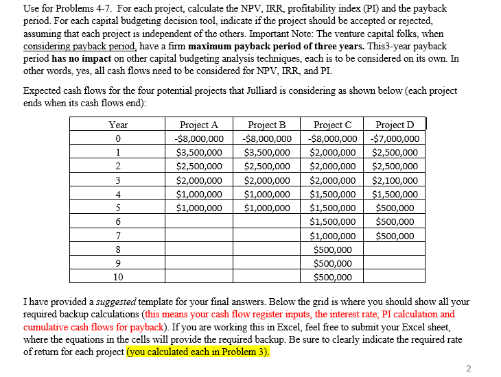 Solved Use for Problems 4-7. For each project, calculate the | Chegg.com