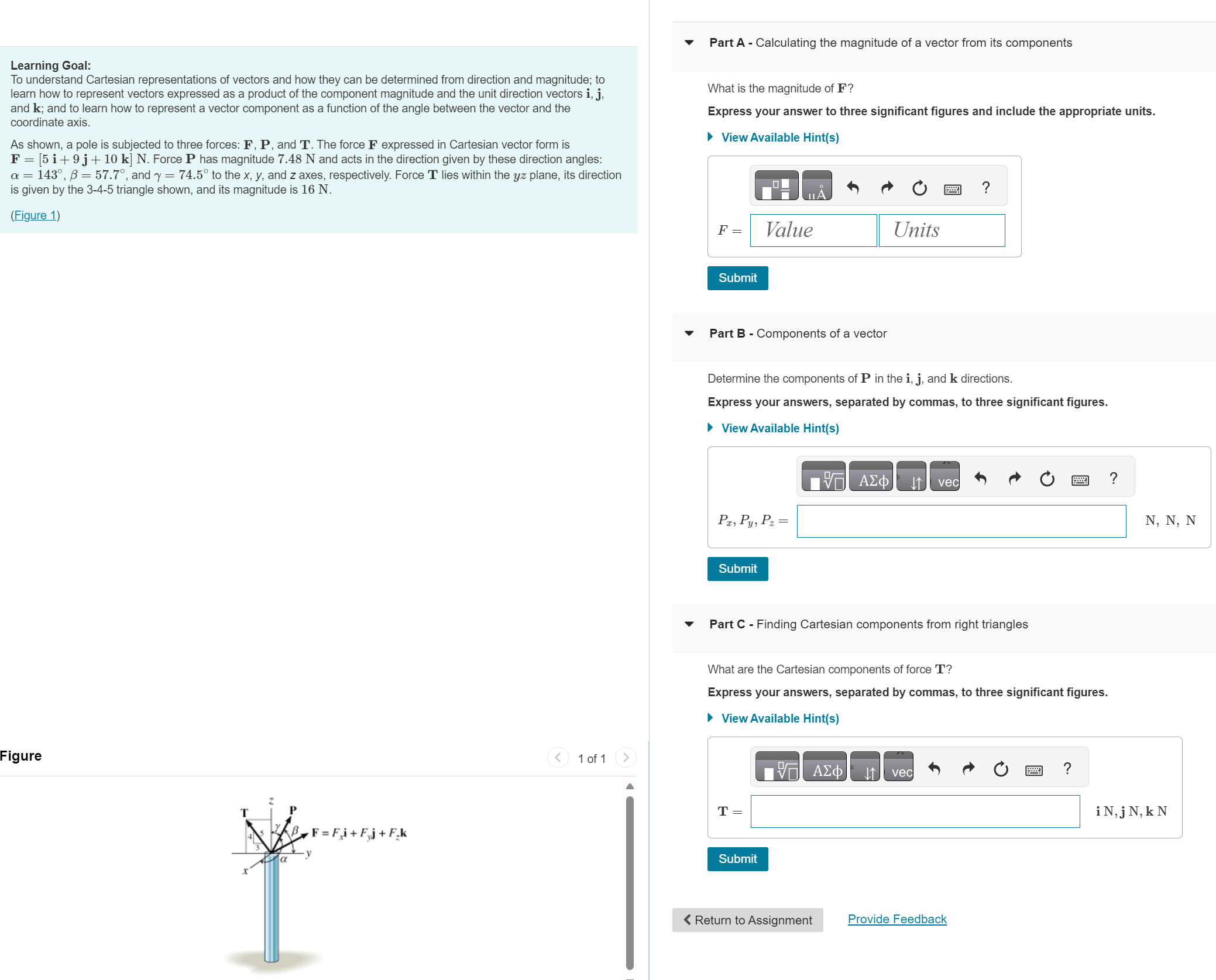 Solved As shown, a pole is subjected to three forces: F, ﻿P, | Chegg.com