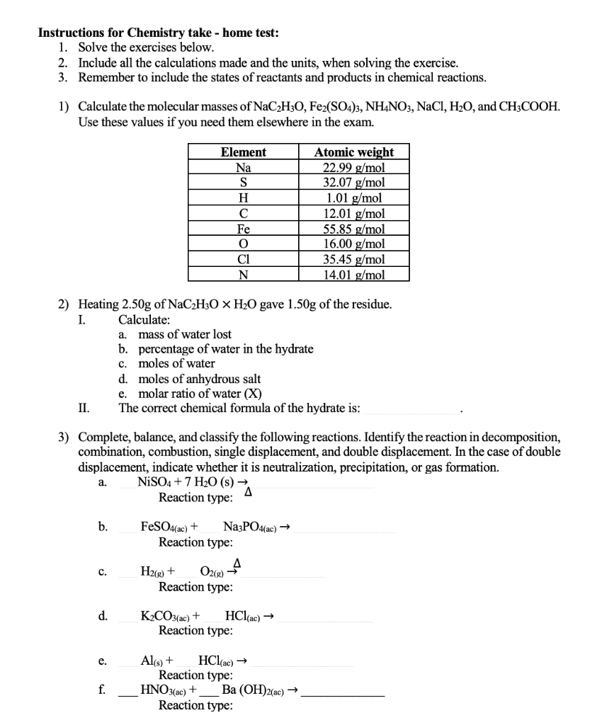 Solved Instructions for Chemistry take - home test: 1. Solve | Chegg.com
