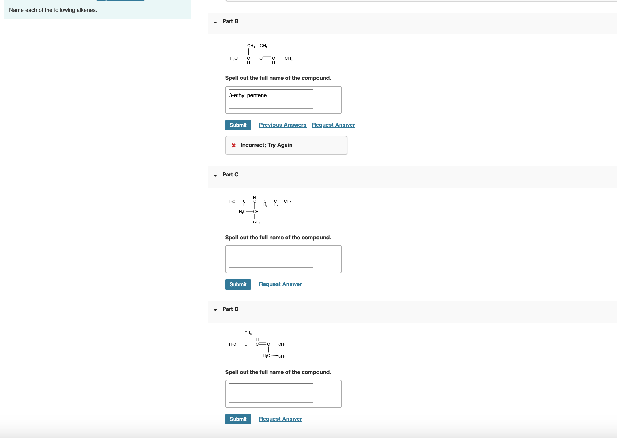 Solved Name each of the following alkenes. Spell out the | Chegg.com