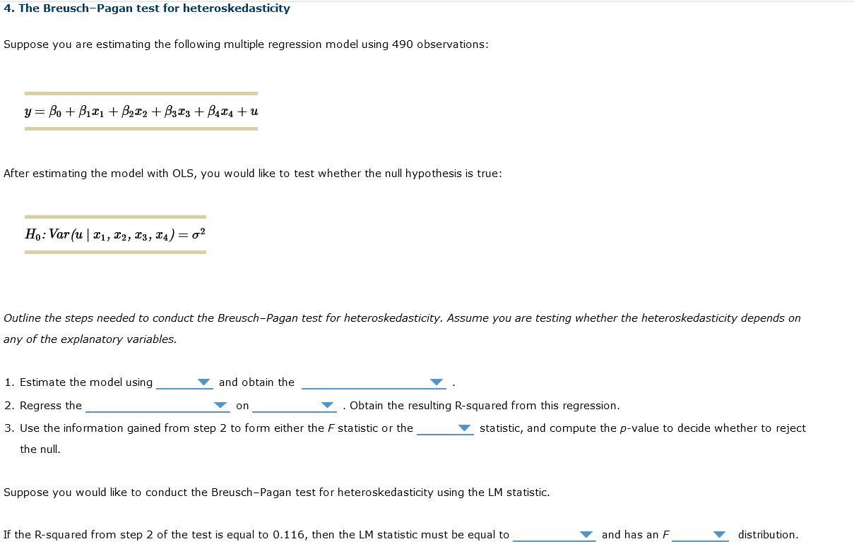 Solved 4. The Breusch-Pagan test for heteroskedasticity | Chegg.com