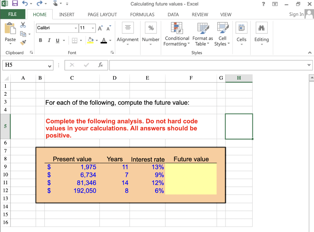Solved BS- Calculating future values - Excel ? 6 X FILE HOME | Chegg.com
