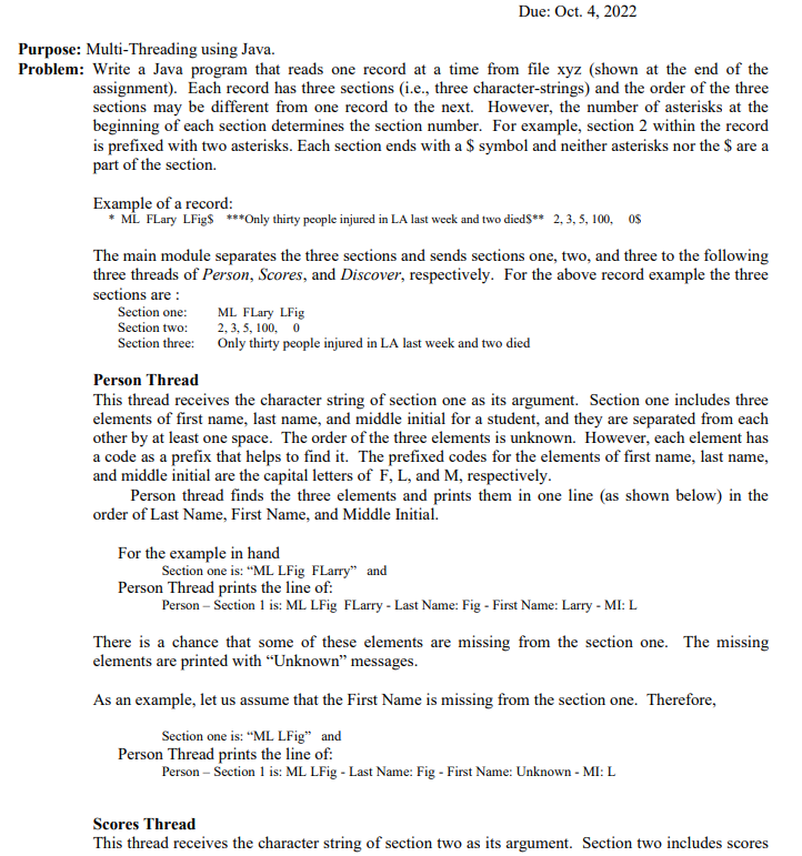 Due: Oct. 4, 2022 Multi-Threading using Java. Write a | Chegg.com