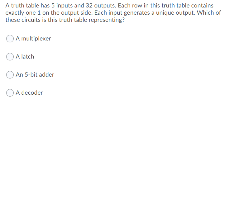 Solved A truth table has 5 inputs and 32 outputs. Each row | Chegg.com