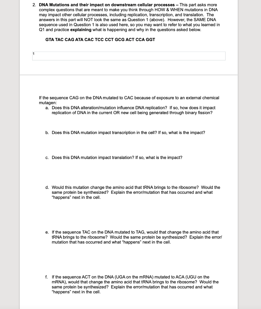 Solved 2. DNA Mutations and their impact on downstream | Chegg.com