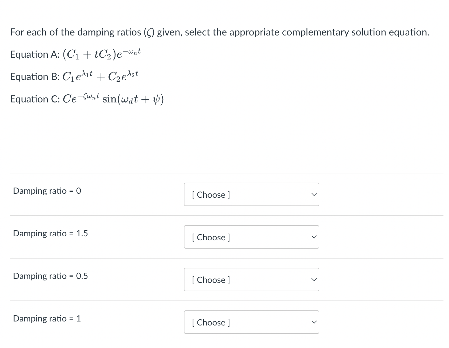 Solved For each of the damping ratios (ζ) given, select the | Chegg.com