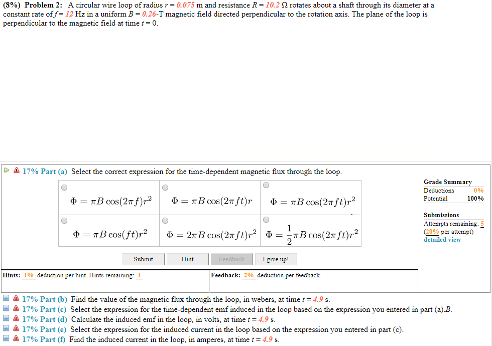 Solved (8%) Problem 2: A circular wire loop of radius r = | Chegg.com