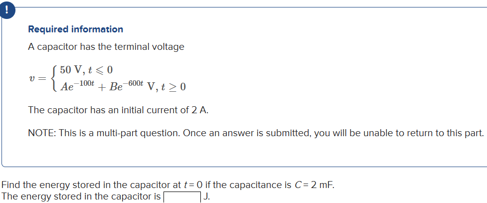 Solved A capacitor has the terminal voltage v={50 V, | Chegg.com