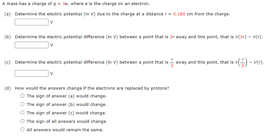 Solved (a) ﻿Determine the electric potential (in V ) ﻿due to | Chegg.com