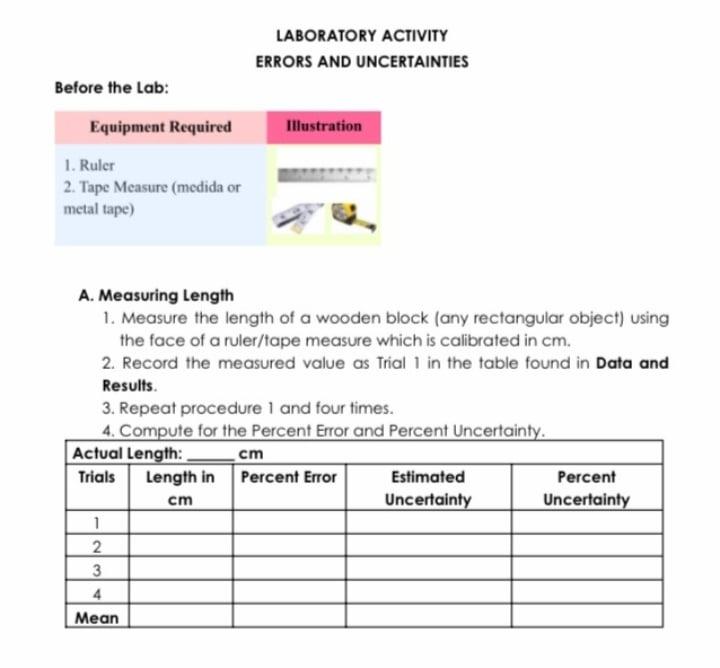 LABORATORY ACTIVITY ERRORS AND UNCERTAINTIES | Chegg.com