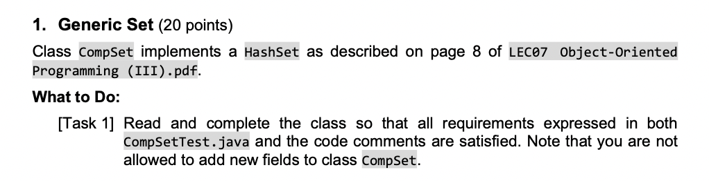Solved 1 Generic Set 20 Points Class Compset Implements 