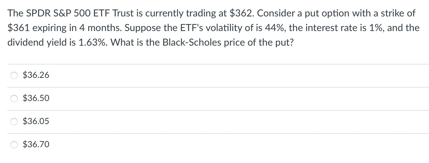 Solved The SPDR S&P 500 ETF Trust is currently trading at | Chegg.com