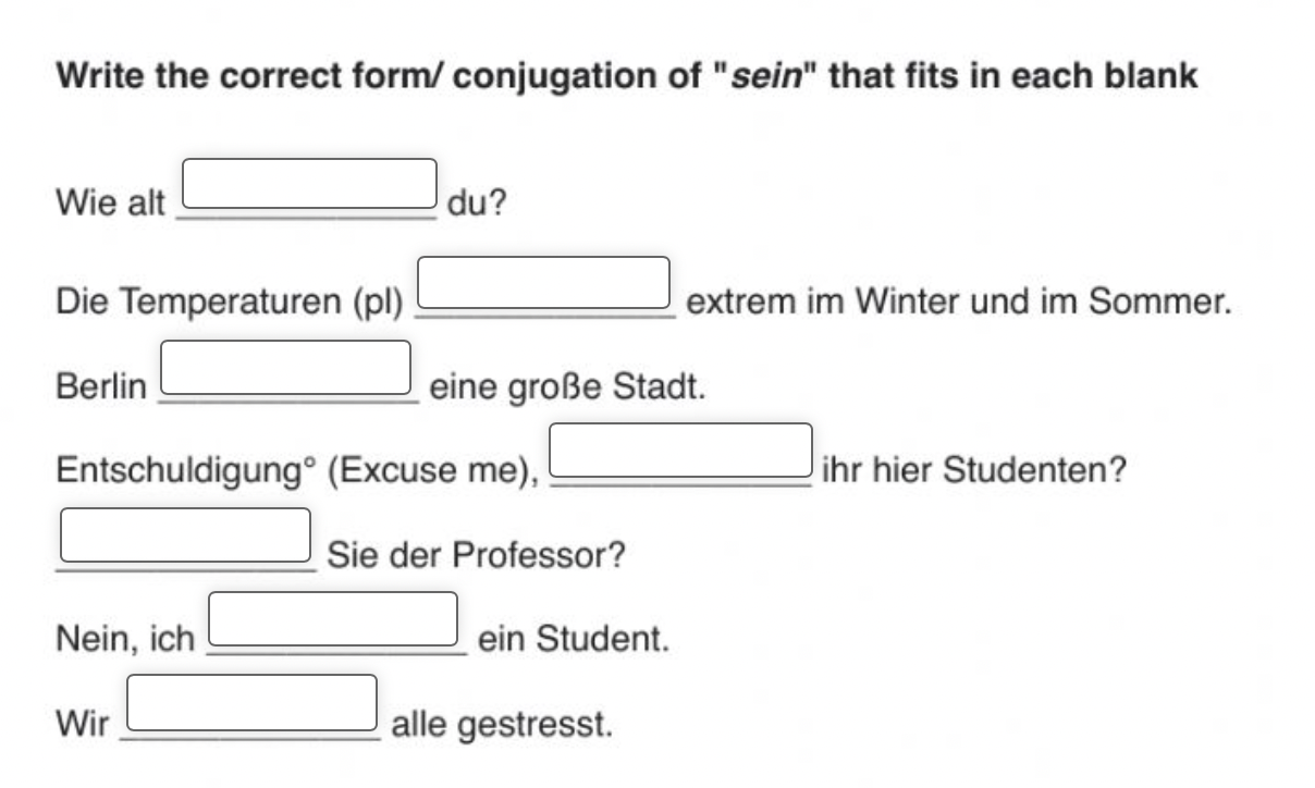 Write the correct form/ conjugation of "sein" that | Chegg.com