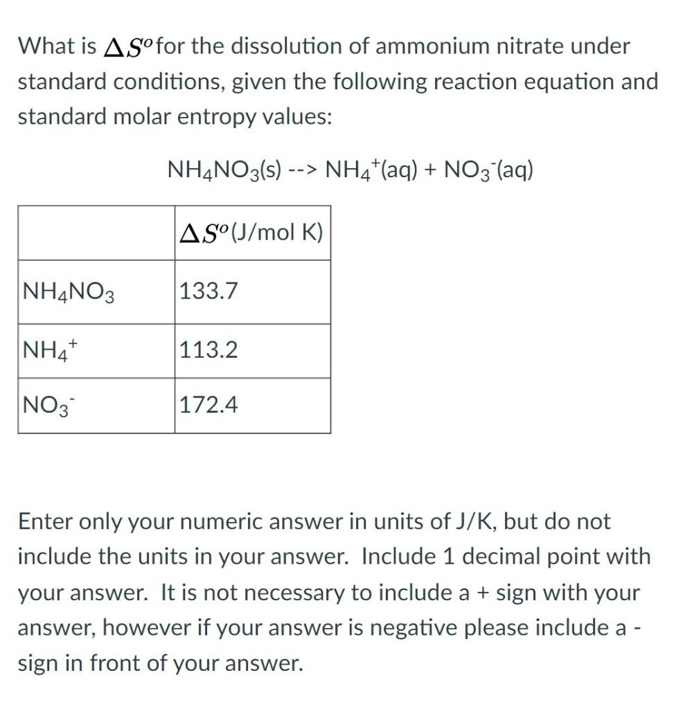 Solved What is AS°for the dissolution of ammonium nitrate | Chegg.com