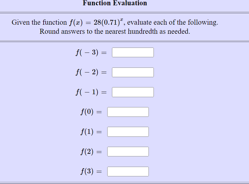 Solved Given the function f(x)=28(0.71)x, evaluate each of | Chegg.com