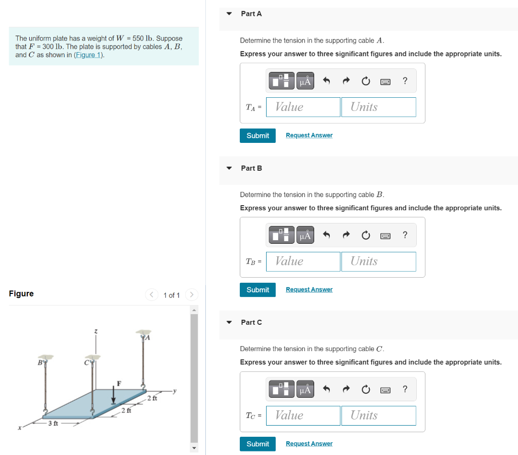 Solved The uniform plate has a weight of W=550lb. Suppose | Chegg.com