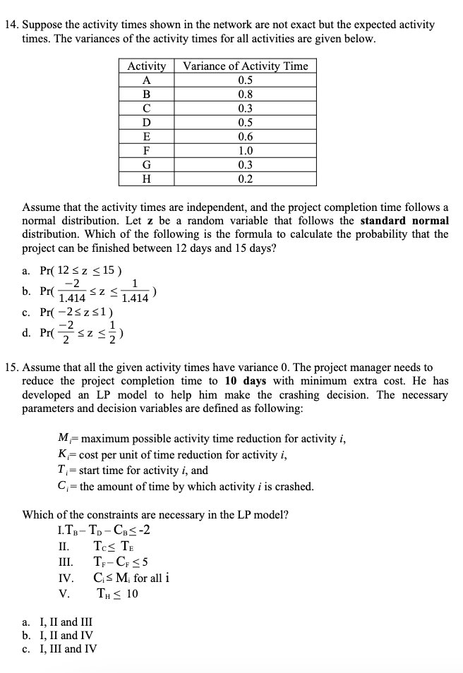 Solved 14. Suppose the activity times shown in the network | Chegg.com