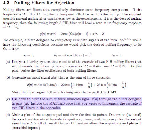 4.3 Nulling Filters for Rejection Nulling filters are | Chegg.com