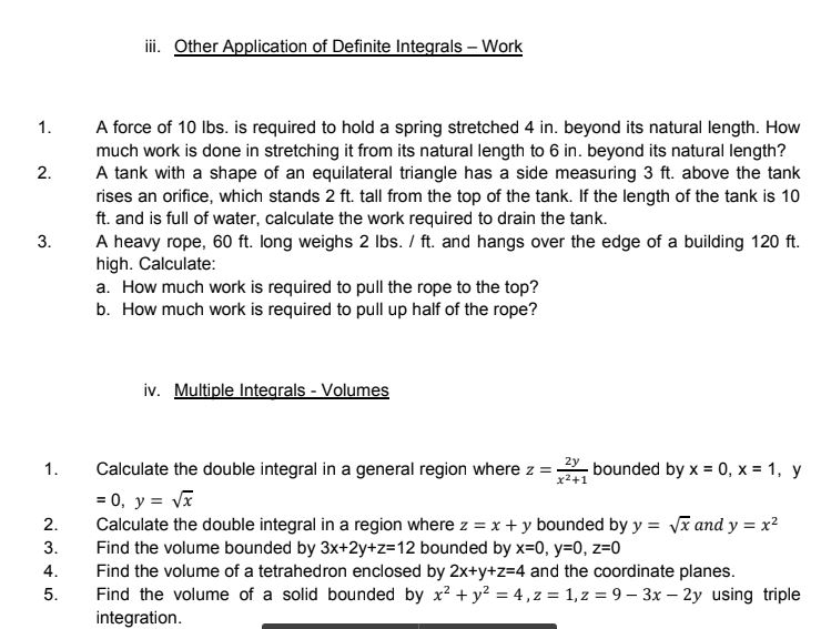 Solved iii. Other Application of Definite Integrals - Work | Chegg.com