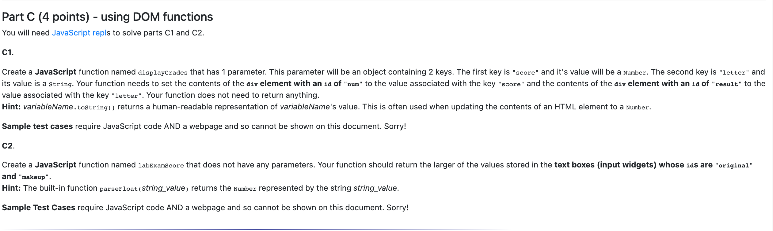 Solved Part C (4 points) - using DOM functions You will need | Chegg.com