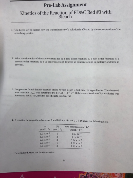 Solved Pre-Lab Assignment Kinetics of the Reaction of FD&C | Chegg.com