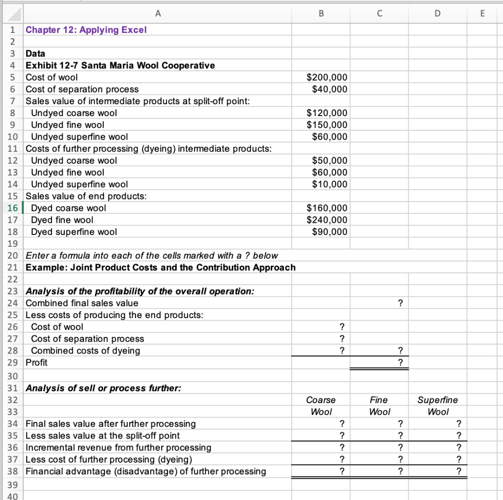 Solved Chapter 12: Applying Excel: Excel Worksheet (Part 1 | Chegg.com