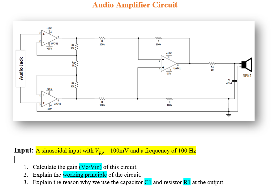 Solved Audio Amplifier CircuitInput: A sinusoidal input with | Chegg.com