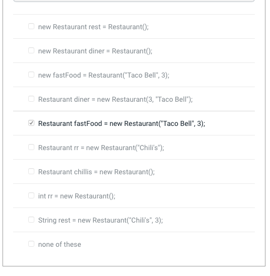 Solved new Restaurant rest \\( = \\) Restaurant(); new | Chegg.com