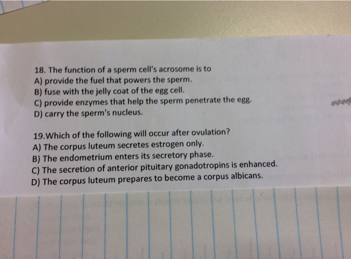 Solved 18. The function of a sperm cell's acrosome is to A) | Chegg.com