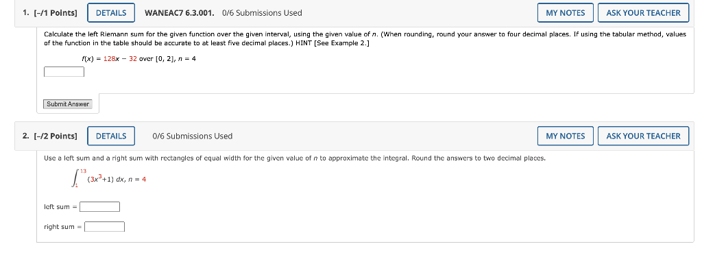 Solved 1. (-/1 Points) DETAILS WANEAC7 6.3.001. 0/6 | Chegg.com