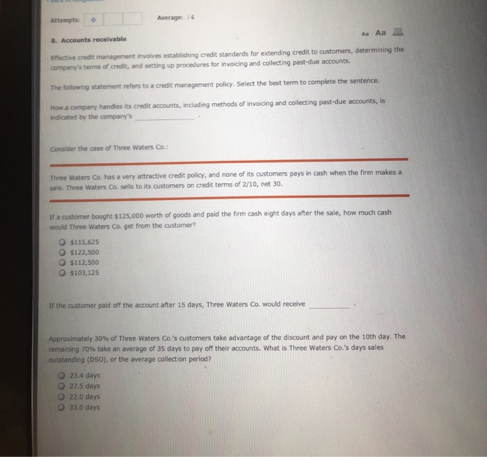 Solved Average: 4 Attempts: Aa Aa 8. Accounts receivable | Chegg.com