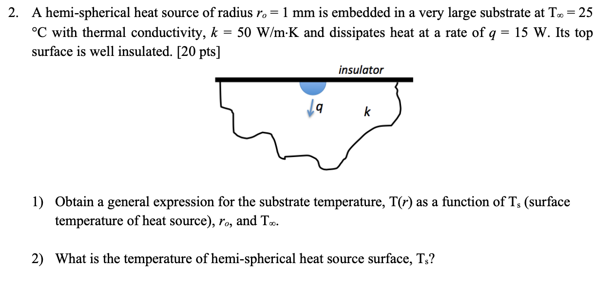 Solved 2. A hemi-spherical heat source of radius ro 1 mm is | Chegg.com