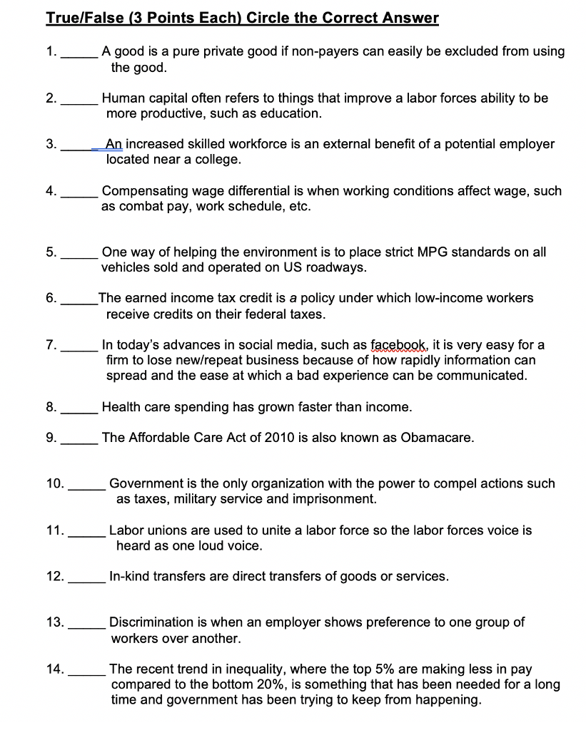 Solved True/False (3 Points Each) Circle the Correct Answer | Chegg.com