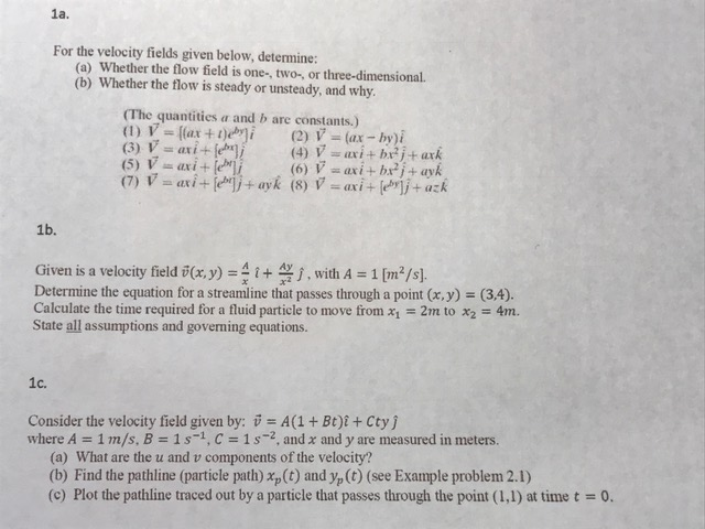 Solved 1a. For the velocity fields given below, determine: | Chegg.com