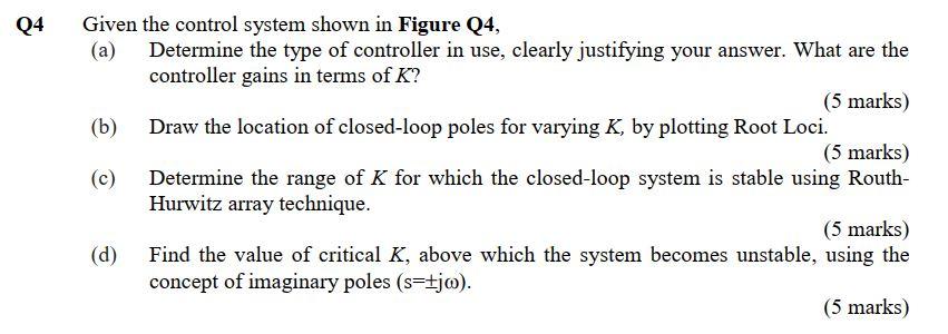 Solved Q4 Given the control system shown in Figure Q4, | Chegg.com