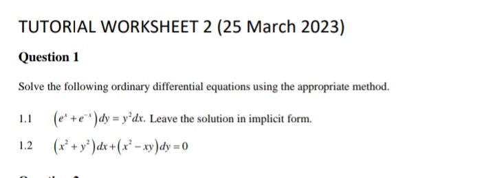 Solved TUTORIAL WORKSHEET 2 (25 March 2023) Question 1 Solve | Chegg.com