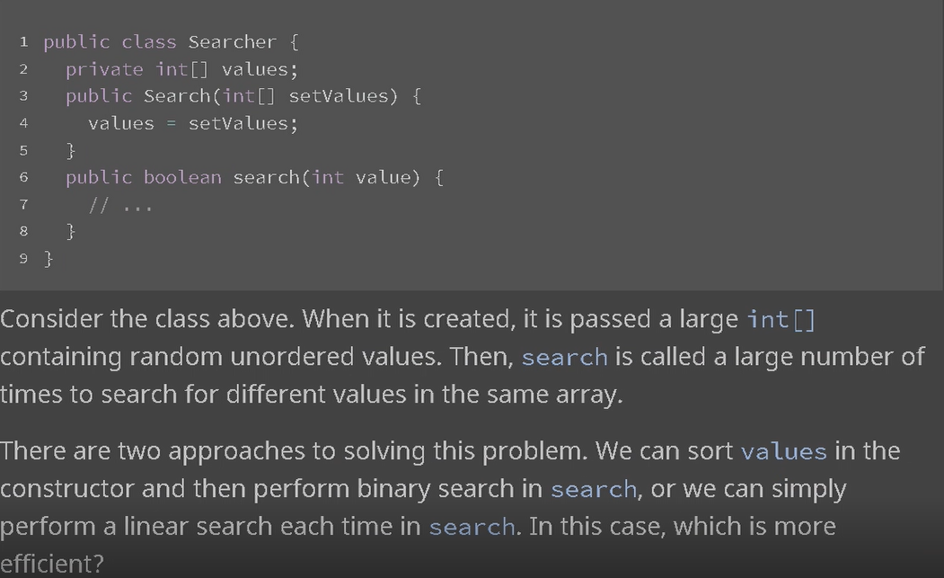 Solved 2 1 public class Searcher { private int[] values; 3 | Chegg.com