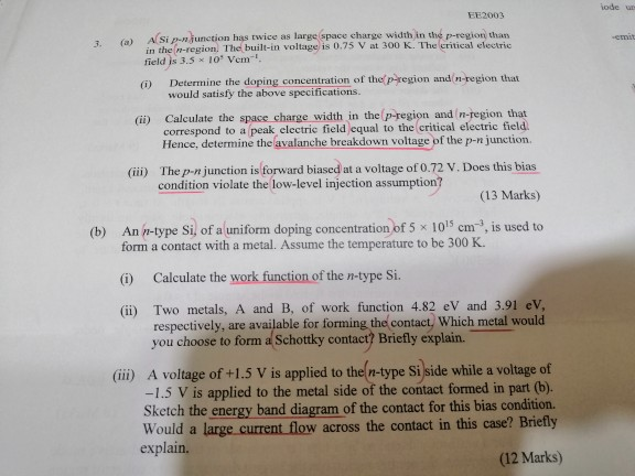 Solved jode un EE2003 space charge width in the p-region | Chegg.com