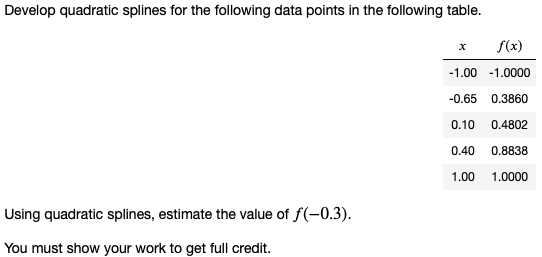 Solved Develop quadratic splines for the following data | Chegg.com
