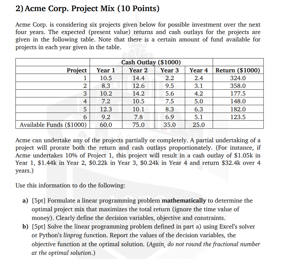 Solved 2) Acme Corp. Project Mix (10 Points) Acme Corp. is | Chegg.com