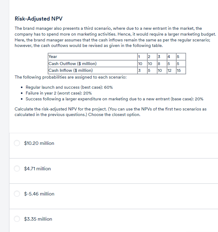 Solved Risk-Adjusted NPV The brand manager also presents a | Chegg.com