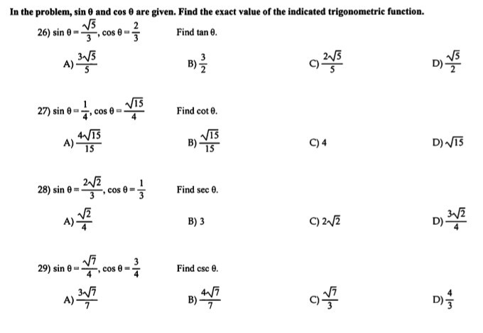 Solved In the problem, sin θ and cos θ are given. Find the | Chegg.com