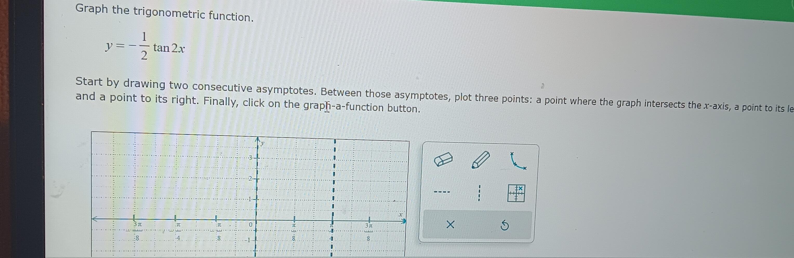 Solved Graph the trigonometric function. y=−21tan2x Start by | Chegg.com