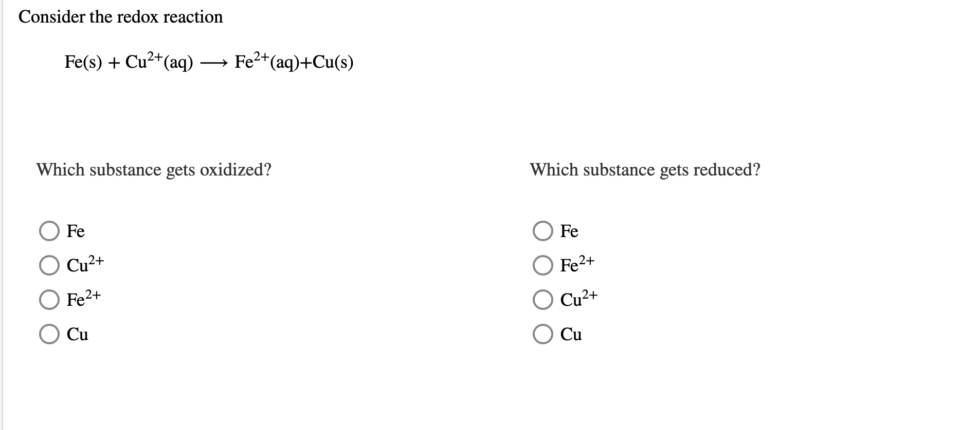 Solved Consider the redox reaction Fe(s) + Cu2+( 2+(aq) Fe2+ | Chegg.com