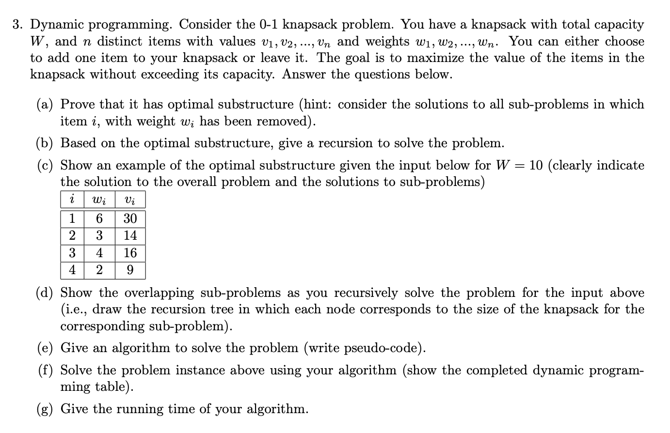 3. Dynamic programming. Consider the 0-1 knapsack | Chegg.com