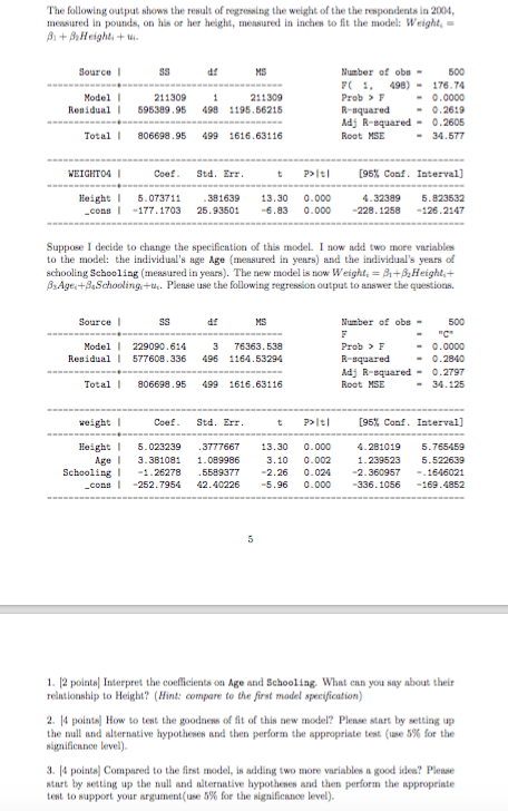 Solved The following output shows the result of regressing | Chegg.com