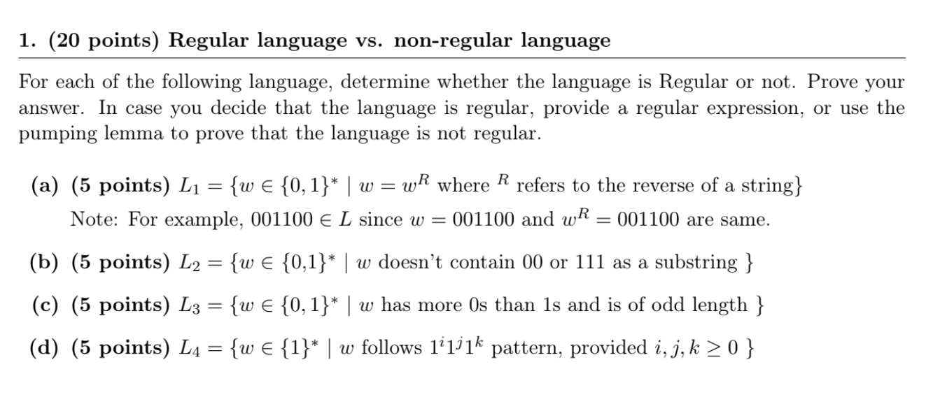 Solved 1. (20 points) Regular language vs. non-regular | Chegg.com