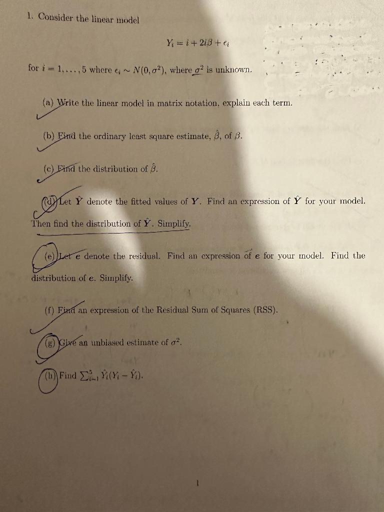 1. Consider the linear model Yi=i+2iβ+ϵi for i=1,…,5 | Chegg.com